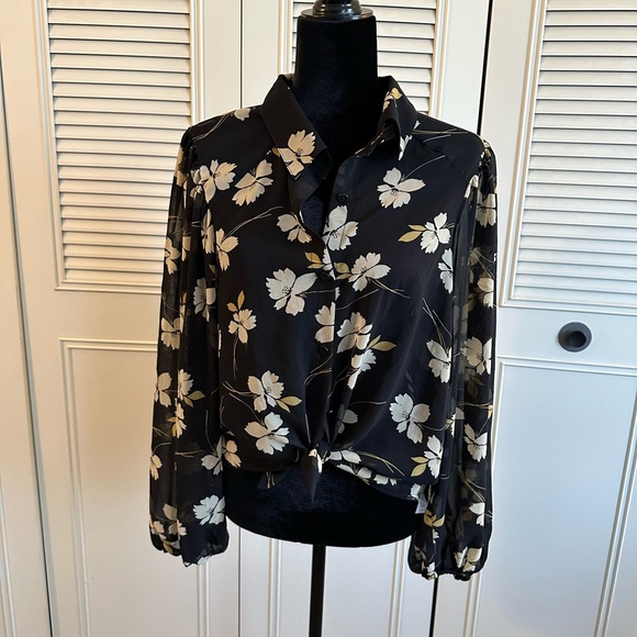 CAbi | Tops | Cabi Long Sleeve Black Flowered Blouse | Poshmark